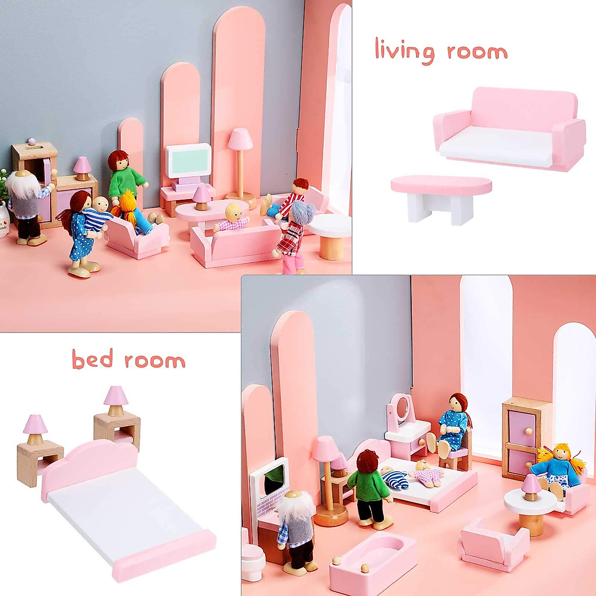 Sumind 30 Pcs Wooden Dollhouse Furniture Dollhouse Family Set of 8 Mini People Figures Dollhouse Accessories for Miniature Imaginative Play Toy