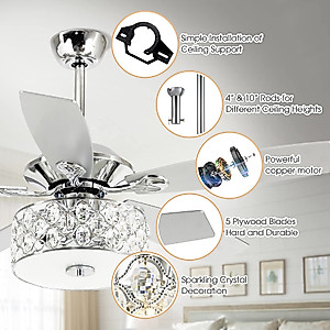 Parrot Uncle Ceiling Fans with Lights and Remote 52 Inch Chandelier Ceiling Fan with Light for Bedroom, Reversible Motor, 3 Speeds, Timer, Silver