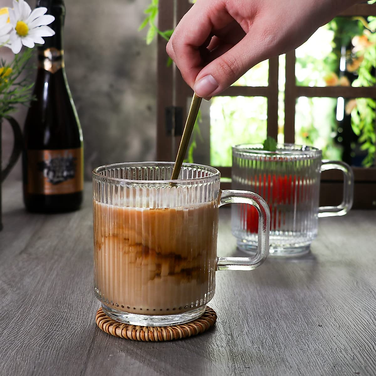 Ymyaye Clear Glass Coffee Mug Set of 4, 12 Ounces Ribbed Glassware with Spoon, Classic Vertical Stripes Tea Mugs for Soda, Latte, Espresso, Cappuccino, Gift for Birthday Holidays Wedding Anniversary