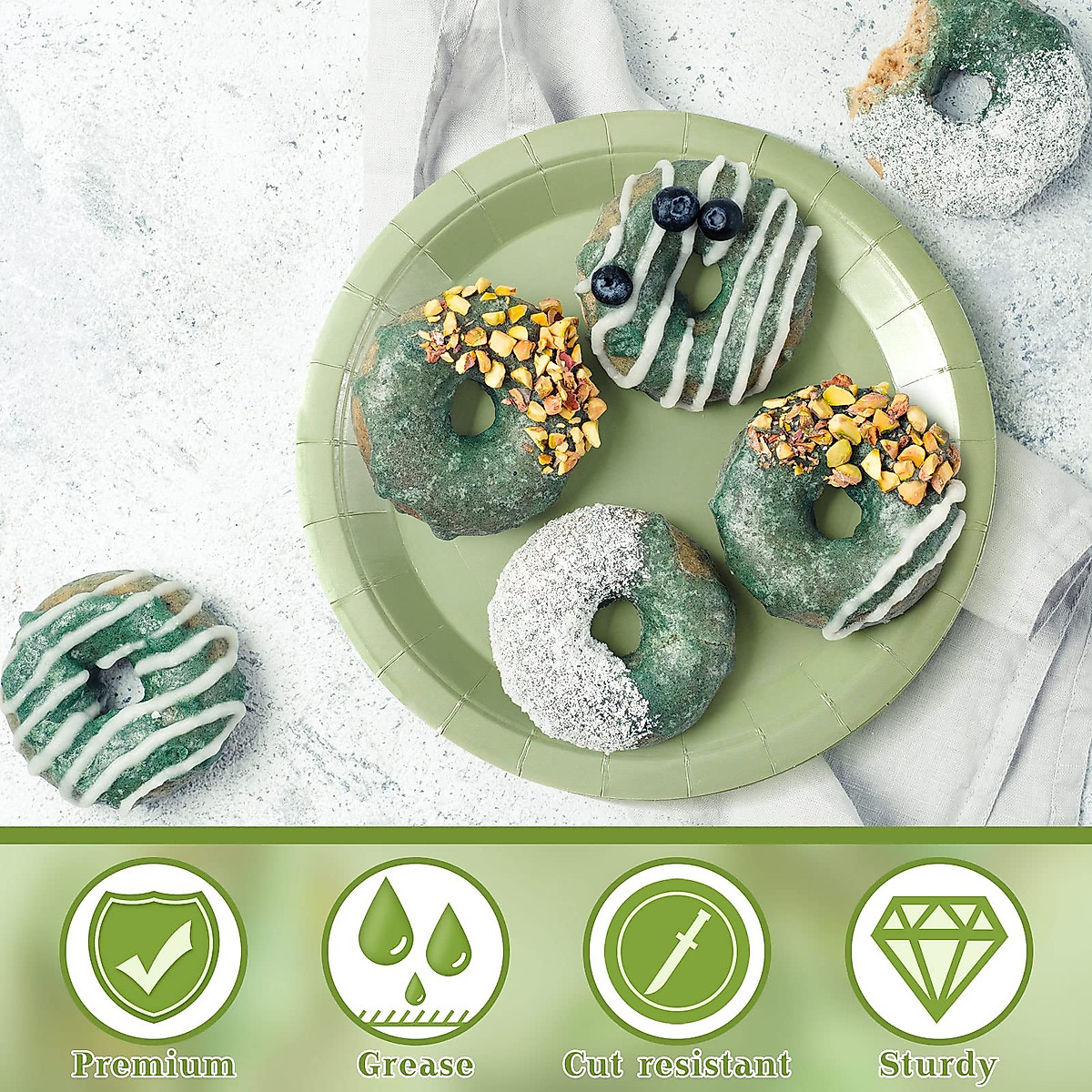 Roshtia 100 Pcs Sage Green Disposable Plates Green Paper Plates Disposable Dessert Plates Bulk 7 Inch 9 Inch Disposable Paper Plates Set Decoration for Wedding Engagement Bridal Shower