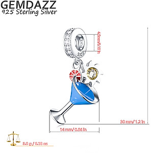 Cocktail Wine Glass Cup Charm, with Blue Enamel, fits Pandora Travel Bracelet, 925 Sterling Silver Summer Beach Sun Cold Lemon Drink Dangle Beads, Gift for Mom/Daughter