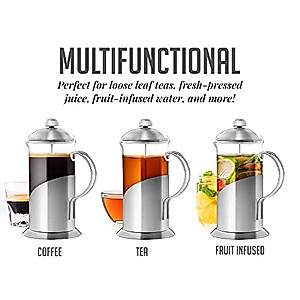 OVENTE French Press Coffee Maker 20 Ounce, 4 Level Stainless Steel Filter System, Borosilicate Heat Resistant Glass Carafe with Free Measuring Scoop, Silver FSL20S