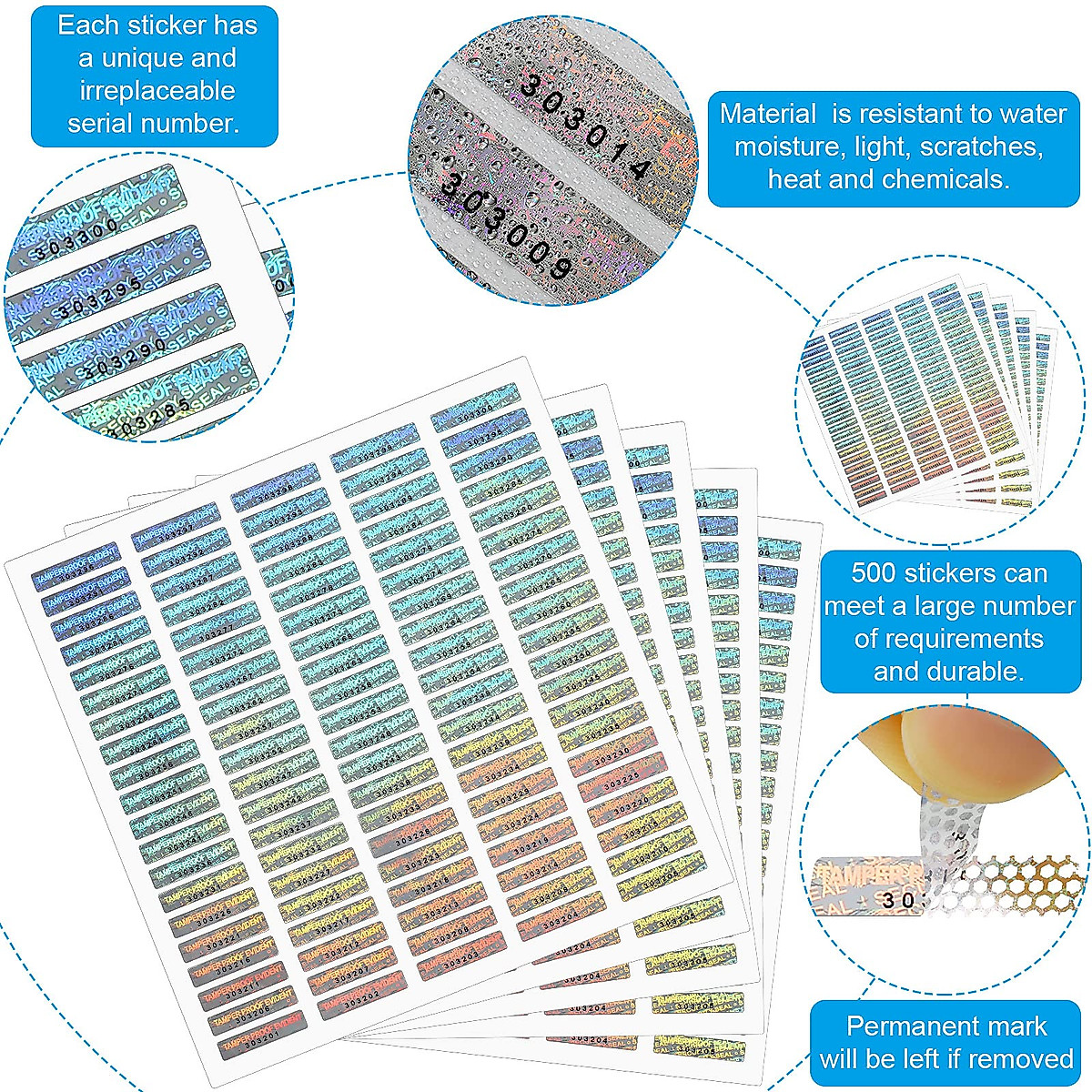 Marspark 500 Pieces Silver Security Tamper Evident Seals Stickers Void Original Genuine Authentic Hologram Labels Tamper Proof Evident Stickers Sequential Serial Numbering, 0.24 x 1 Inch
