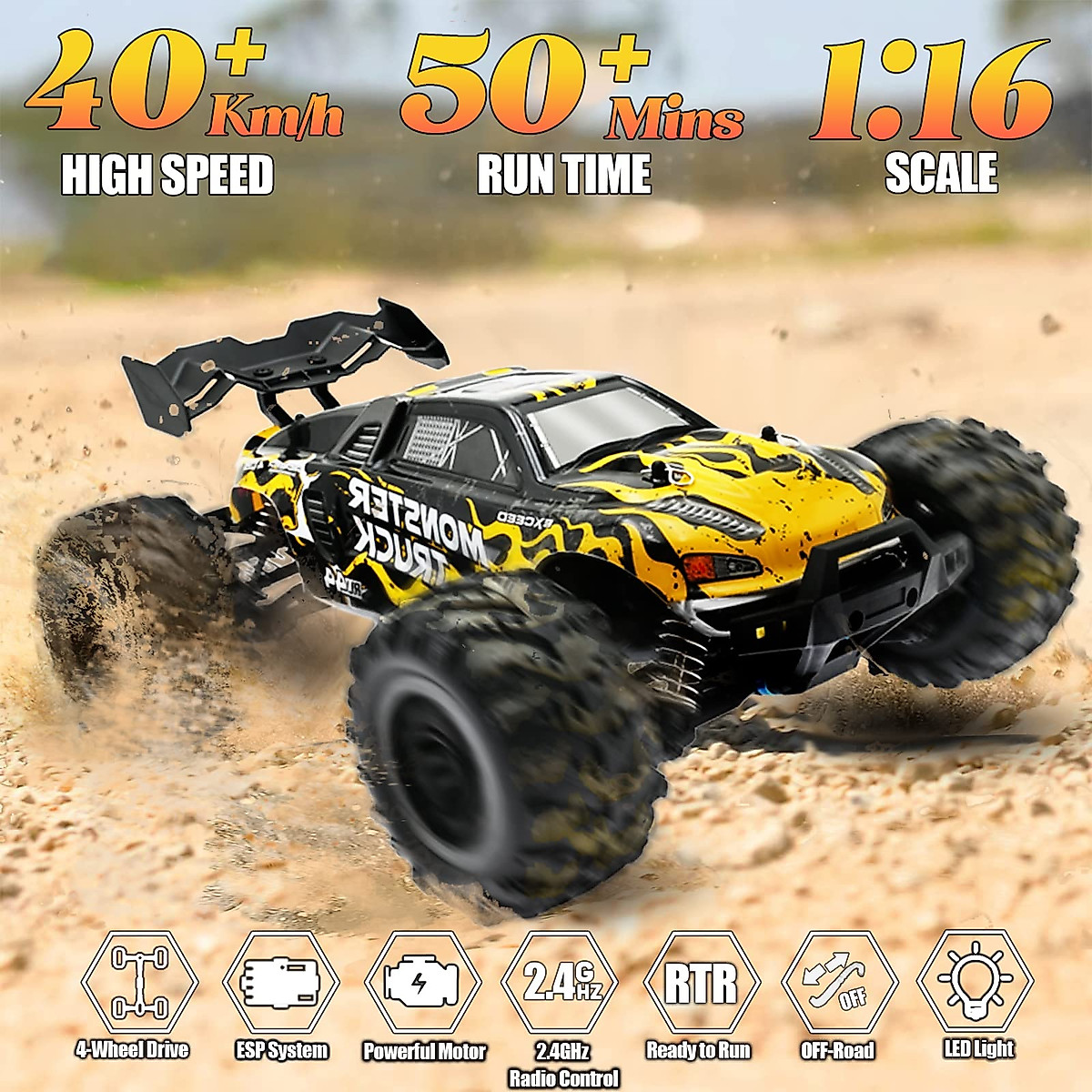 RC Cars 1/16 Remote Control Car RC Monster Trucks, Sakeye 4WD 2.4 GHz High Speed Racing Car 40Km/h All Terrains Off Road Truck with Head-up Wheel LED Headlight 2 Rechargeable Batteries for Kids Adults
