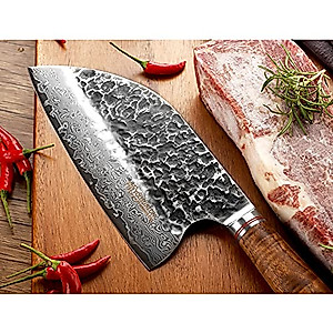 YOUSUNLONG Hybrid Cleaver Outdoor Heavy Duty Meat Cleaver 8 Inch Hammered Damascus Natural Walnut Wood Sheath with Leather