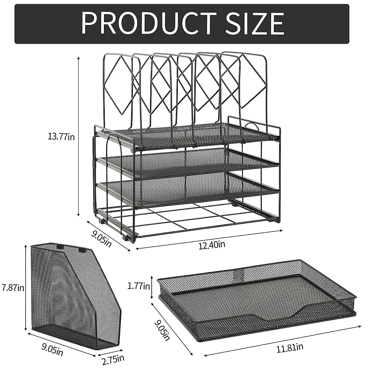Spacrea Modern Minimalist Black 4-Tier Letter Trays Paper Organizer with File Holder and Drawer, Desk Accessories