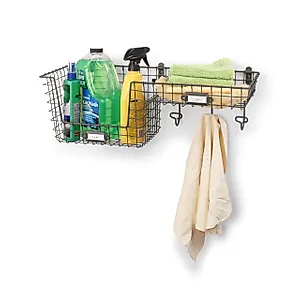 Spectrum Diversified Vintage Station, 2 Baskets with Label Plates for Entryway Storage, Sturdy Steel Hooks for Jackets, Leashes & Accessories, Rustic Farmhouse Decor, Large, Industrial Gray