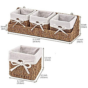 EZOWare Set of 3 Natural Seagrass Baskets with Hanging Tray, Wall Mountable Storage Wicker Container Bins Set with Removal linens