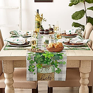 ARKENY St Patricks Day Lucky Green Shamrock Table Runner 72 Inches, Vase Buffalo Plaid Spring Seasonal Holiday Decor for Dining Table Indoor Home Farmhouse Tabletop Decoration AT387