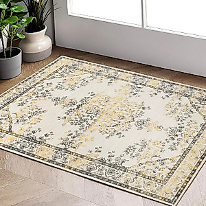 Carvapet Boho Floral Small Area Rug - 2x3 Entry Rug Non-Slip Bohemian Vintage Washable Indoor Door Mat, Throw Rug for The Bedroom, Entryway, or Bathroom(2x3,Yellow & Grey)