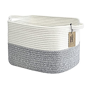 Cotton Rope Woven Basket With Handles for Shelves ,Toys ,Book, Cloth Storage Baskets for Organizing-13.5" x 11" x 9.5" Nursery Cube Bin,Decorative Storage Organizer for Living Room, Bathroom by COMFY-HOMI（White/Grey）