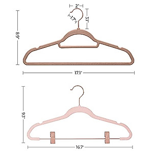 SONGMICS 50-Pack Velvet Hanger and 24-Pack Pants Hanger Bundle, Clothes Hanger with Rose Gold Swivel Hook, Coat Hangers with Movable Clips, Pale Brown and Light Pink UCRF021LB59 and UCRF14PK24