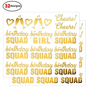 Birthday Tattoos(32Designs),Konsait Metallic Temporary Tattoos for Girls Kids Birthday Party Celebration Accessories-Birthday Girl,Birthday SQUAD,Cheers,Happy Birthday Party Bag Filler Favors Supplies
