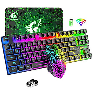 Wireless Gaming Keyboard and Mouse Combo,Rainbow Backlit Rechargeable 3800mAh Battery,87 Keys Mechanical Feel Ergonomic Waterproof Keyboard,RGB Gaming Mute Mouse and Mousepad for PC Gamers (Black)