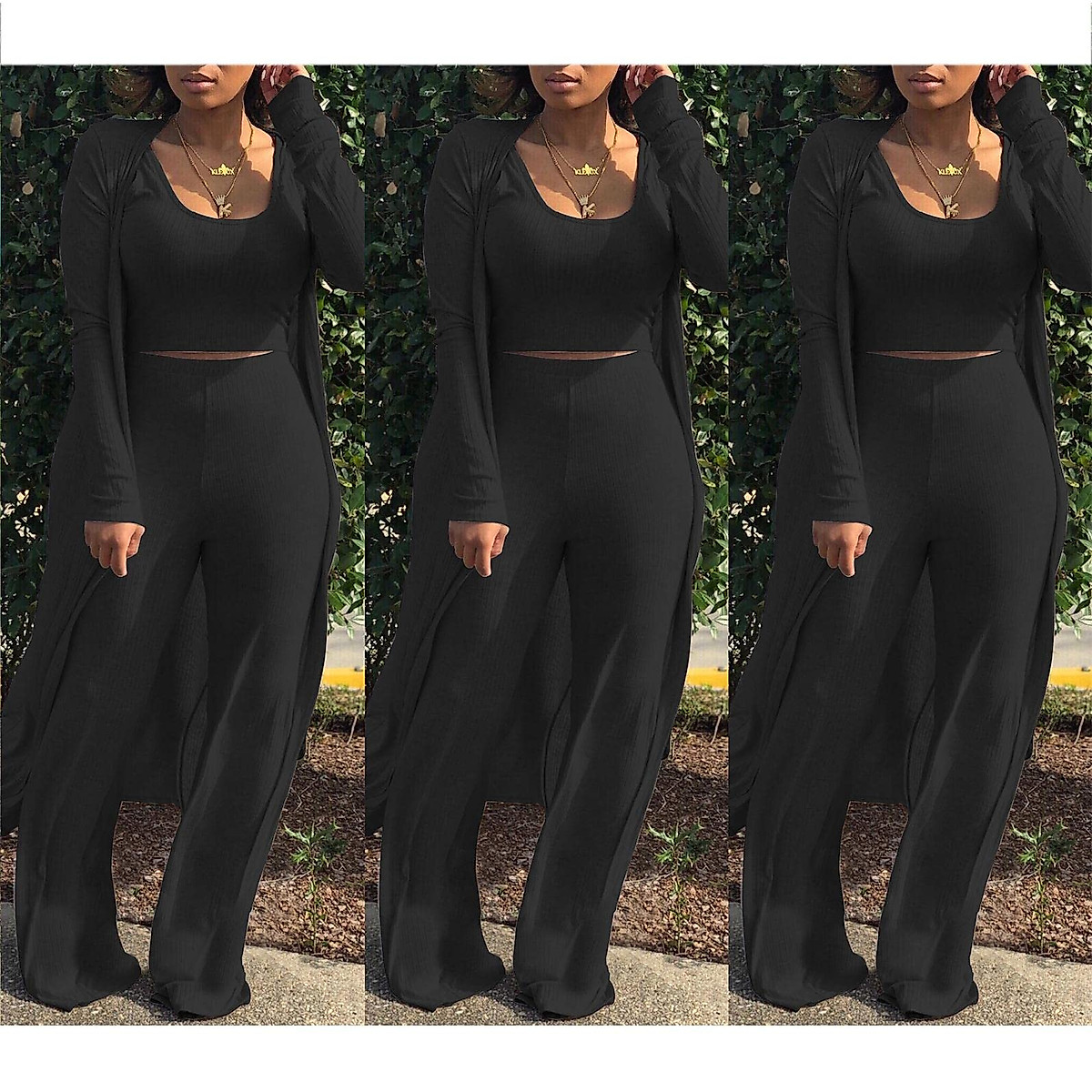 HANMAX Women's Tracksuit Winter Autumn Knitted Long-sleeved Blazer Coat Tank Long Pants Three Piece Sets Outfit