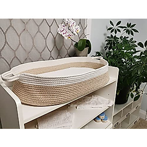 Lovely Nursery Baby Changing Basket Moses Basket 100% Cotton Rope and 1.2€ Thick Foam Pad with Removable Cover Change in Style and Comfort Beige/White Set