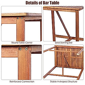 COSTWAY 3PCS Bar Table Set, Outdoor Acacia Wood Dining Set, Spacious Tabletop, Comfortable Backrest, Suitable for Sunroom, Backyard, Balcony, Space-Saving Design