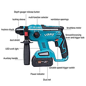 Vikky 20V SDS Plus rotary hammer drill, brushless cordless demolition hammer kit, with 4.2Ah battery and charger, 4 functions, suitable for drill bits, point/flat/U-shaped chisels