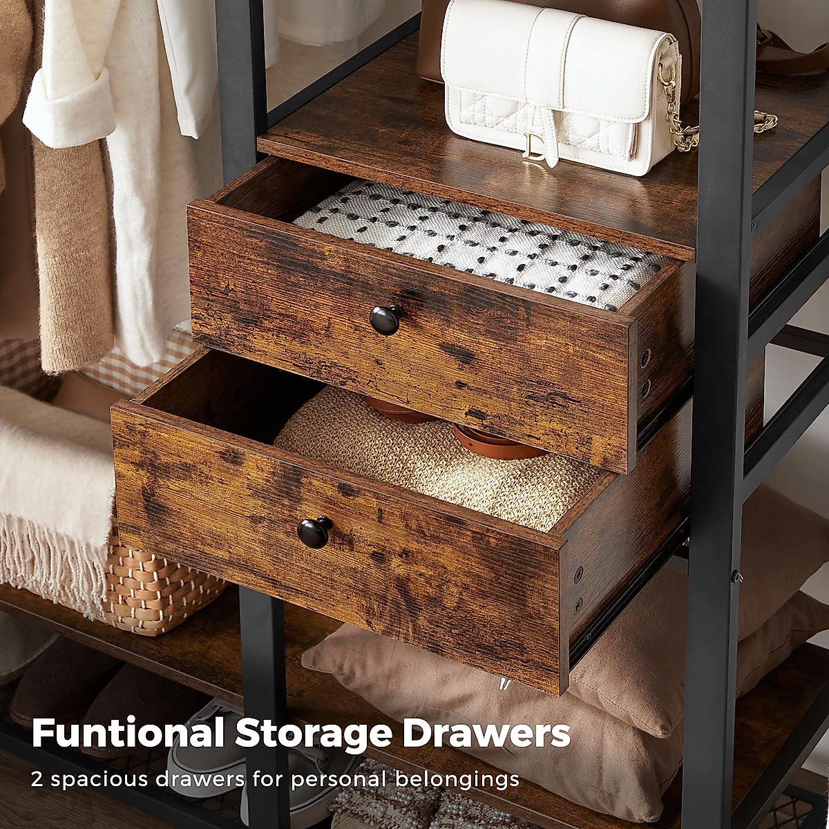 VASAGLE Free Standing Closet Organizer, Clothes Rack, Closet Organizer and Storage Shelves, Hanging Rod, 2 Drawers, Industrial Style, Rustic Brown and Black URGR001B01