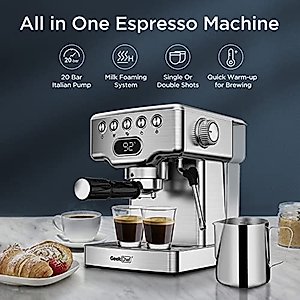 Geek Chef Espresso Machine 20 Bar, Espresso Coffee Maker with Fast Heating Automatic, Latte & Cappuccino Maker with Milk Frother Steam Wand, 1.8L Water Tank, Temperature Display, Stainless Steel