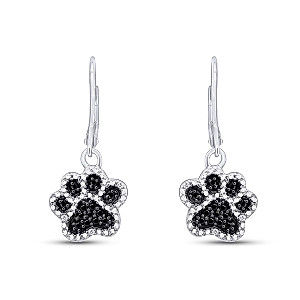 Black & White Natural Diamond Paw Print Dangle Earrings In 14K White Gold Over Sterling Silver (1/6 Ct)