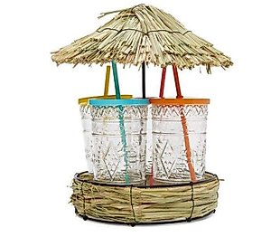Myxx Tabletop Tiki Hut Party Decoration Lazy Susan Cup Holder with 4 Assorted Glasses