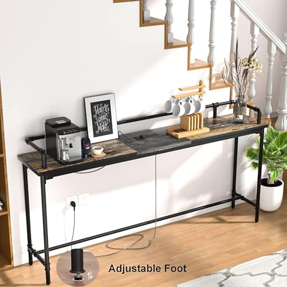 VECELO Narrow Console/Sofa Table with Power Outlet, Long Behind Couch Furniture for Entryway, Hallway, Living Room, Grey Oak
