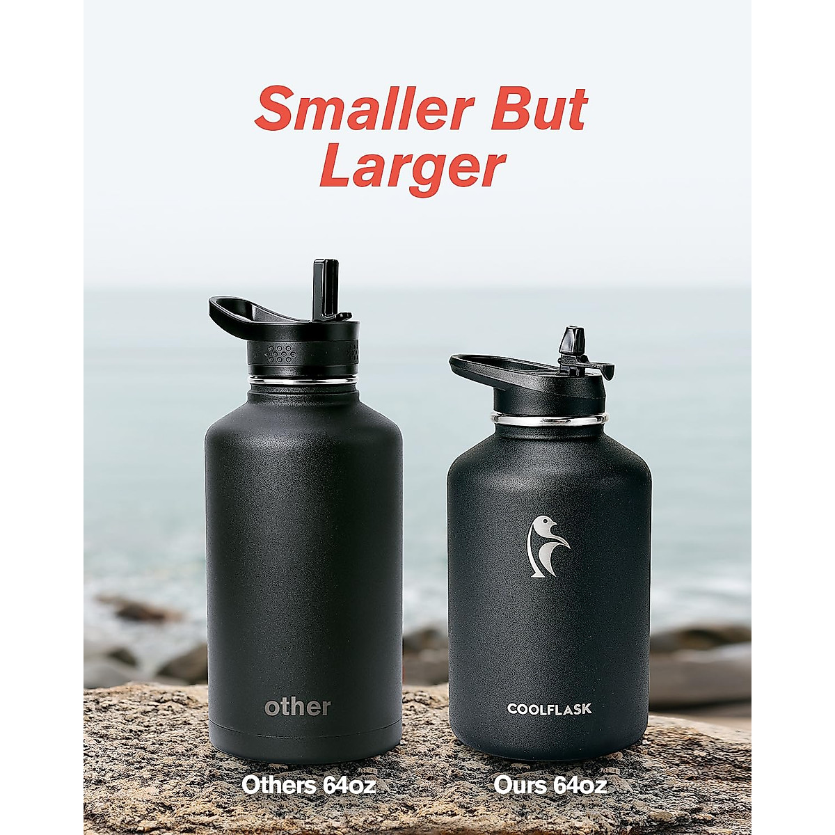 Coolflask 64 oz Insulated Water Bottle with Strap & Sleeve, Half Gallon Water Jug 3 Lids Stainless Steel Multifunctional Flask BPA-Free, Keep 48H Cold 24H Hot, Compact Yoga/Gym Bottle, Black