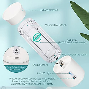 Portable Blender for Shakes and Smoothies,17oz Personal Size Blender with USB Rechargeable and 6 Blades, Fruit Veggie Fresh Juicer Mini Portable Blender Cup for Travel Sports Kitchen (White)