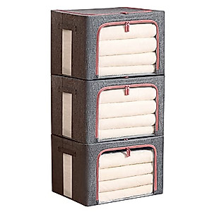 Homzing Closet Storage Bins Stackable Organizer Foldable Double Zipper Blanket Storage Bags 24L Storage Containers Linen Fabric 3 Pack for Bedding Closet Bedroom（Grey）