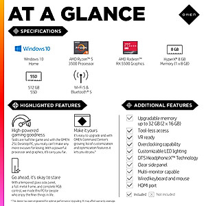 OMEN 25L Gaming Desktop PC, AMD Radeon RX 5500, AMD Ryzen 5 3500, HyperX 8GB DDR4 RAM, 512GB PCIe NVMe SSD, Windows 10 Home, VR Ready, RGB Lighting (GT12-0010, 2020 Model)
