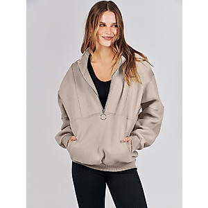 ANRABESS Women's Oversized Half Zip Fleece Sweatshirts Quarter Zip Pullover Top Fall 2024 Outfits Trendy Clothes Light Brown X-Large
