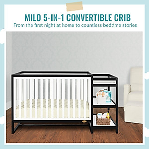Dream On Me Milo 5-in-1 Convertible Crib and Changing Table with Free Changing Pad in Black and White, 3 Mattress Height Settings, Non-Toxic Finishes, Pinewood