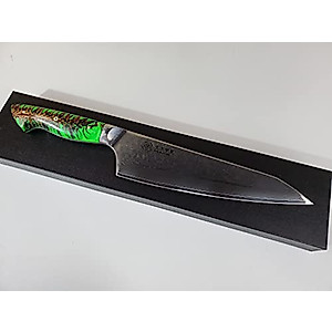 Custom VG10 Damascus chef knife Hybrid Santoku 9" White Silver cast pine cone handle, kitchen knife w/ 67 layer SS Damascus (Alien Green)