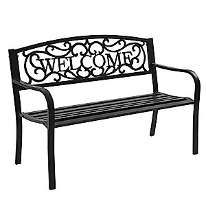 S AFSTAR Garden Bench, Metal Porch Bench for Park Garden Yard, Outdoor Patio Bench with Weather-Resistant Cast Iron Backrest and Welcome Pattern, Front Door Bench Park Bench for Outside (Black)