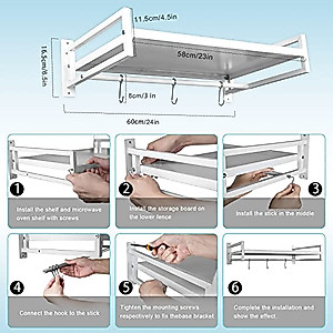 ABCOOL Wall Mount Microwave Oven Shelf Rack for Kitchen Home, Carbon Steel Counter Countertop Holder with Hook Rail and 3 Slidable Hooks