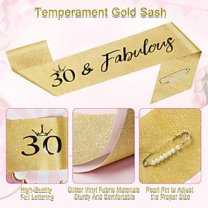 30th Birthday Decorations for Women, 30th Birthday Sash and Tiara CrownCake Topper, Birthday Candles, Napkins Set, 30th Birthday Gifts for Women (Gold)
