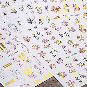 JMEOWIO 12 Sheets Spring Flower Nail Art Stickers Decals Self-Adhesive Pegatinas Uñas Leaves Pink Nail Supplies Nail Art Design Decoration Accessories