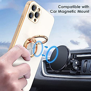 Hython Case for iPhone 11 Pro Max Case with Ring Stand, Plating Rose Gold Edge 360° Rotatable Ring Holder Magnetic Kickstand Cover, Slim Soft TPU Luxury Protective Phone Case, White