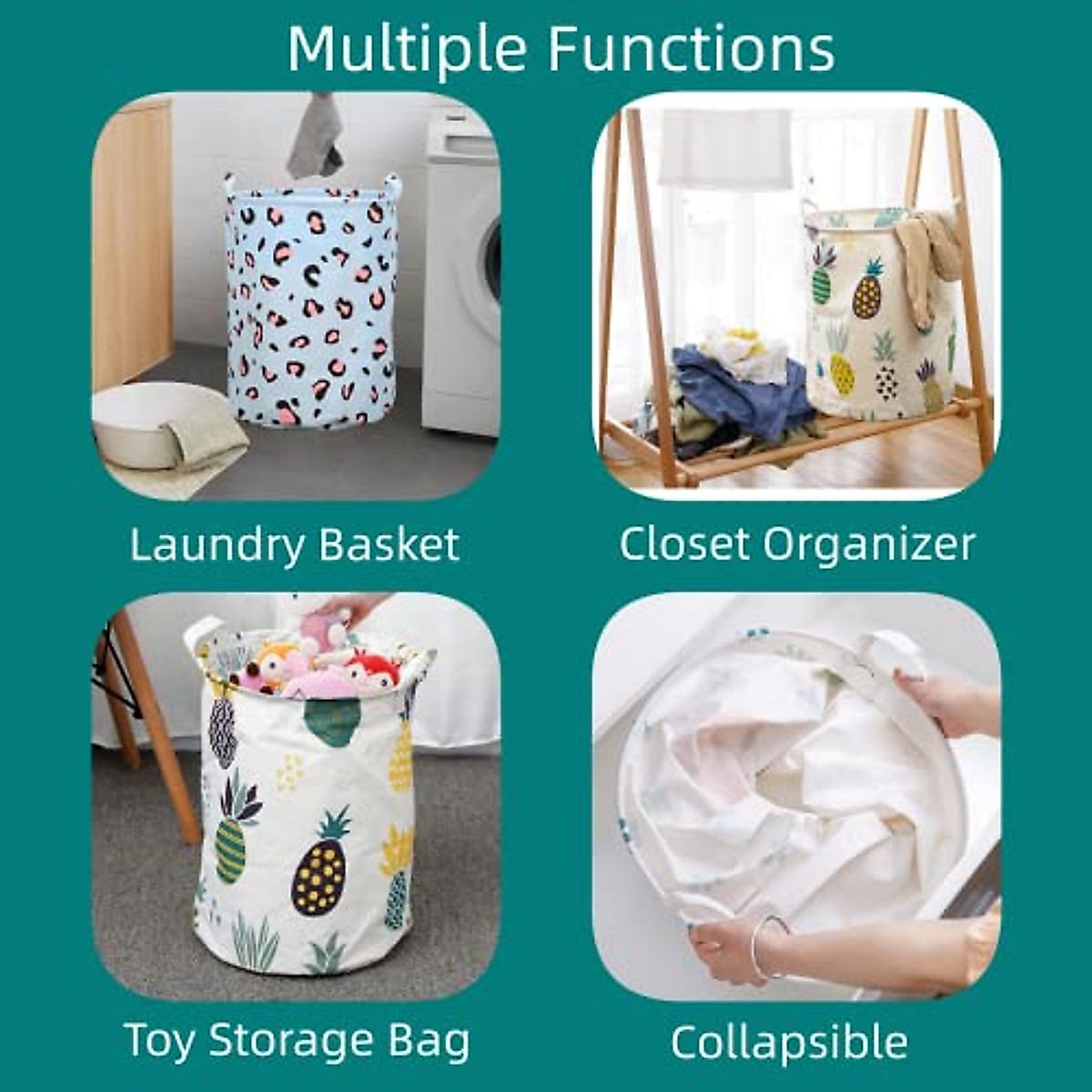 Collapsible Laundry Basket, 40L Laundry Hamper, 100L Closet Organizer, Canvas Clothes Toys Storage (White Set)