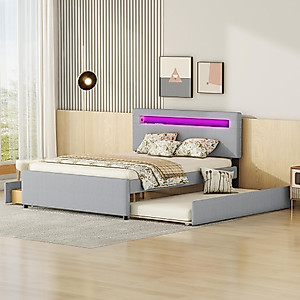 FANYHOME Queen Size Upholstered Platform Bed with 2 Storage Drawers and Twin Trundle, LED Lights and USB Charging, Linen Queen Bed Frame with Headboard and Wood Slat Support, Gray