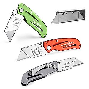 ValueMax Folding Utility Knife Set, All Metal Liner Lock Box Cutter, Quick Change Blade Razor Knife, with 10 Extra SK5 Blades, Set of 3 (Green, Orange, Gray)