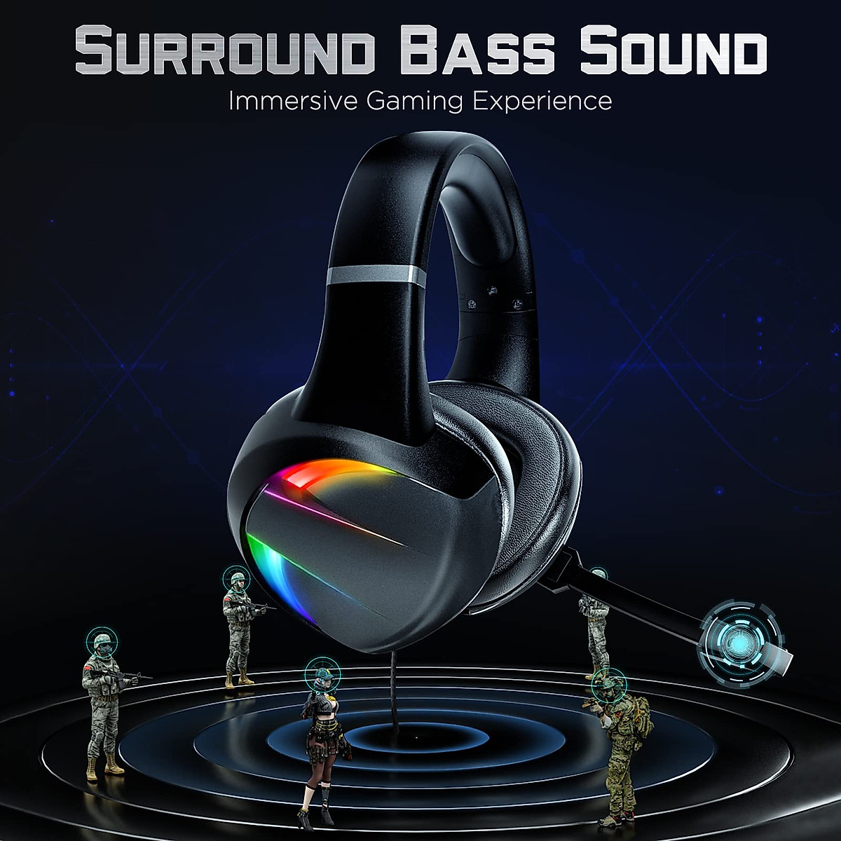 Tatybo Gaming Headset PS4 Xbox One Headset with Stereo Bass Surround Sound, Gaming Headphones with Noise Canceling Mic for PS4 PS5 Xbox One PC Laptop Mac - RGB LED Light