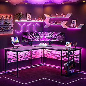 Foxemart L-Shaped Computer Desk, Industrial Corner Desk Writing Study Table with Storage Shelves, Space-Saving, Large Gaming Desk 2 Person Table for Home Office Workstation, Gray Oak and Black