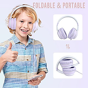 rockpapa L22 On-Ear Headphones with Microphone, Folding Stereo Bass Headphones with 4.9Ft No-Tangle Cord, Portable Wired Headphones for Kids Teens Travel School Smartphone Tablet (Purple)