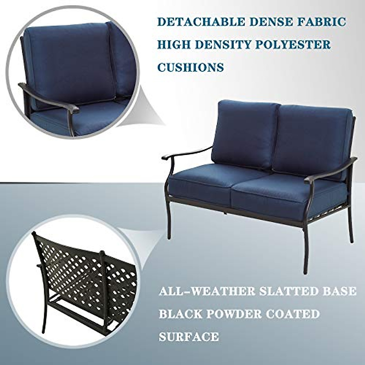 Festival Depot 4pc 4 Seats Patio Conversation Outdoor ArmChairs Loveseat Set with Coffee Table Fabric Metal Frame Furniture Garden Bistro Seating Thick Soft Cushions (Blue)