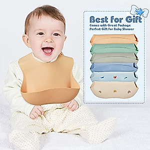 JaGely 6 Pcs Baby Silicone Bibs Soft Adjustable Fit Baby Bibs Waterproof Feeding Silicone Bibs with Food Catcher Pocket for Toddlers Girls Boys