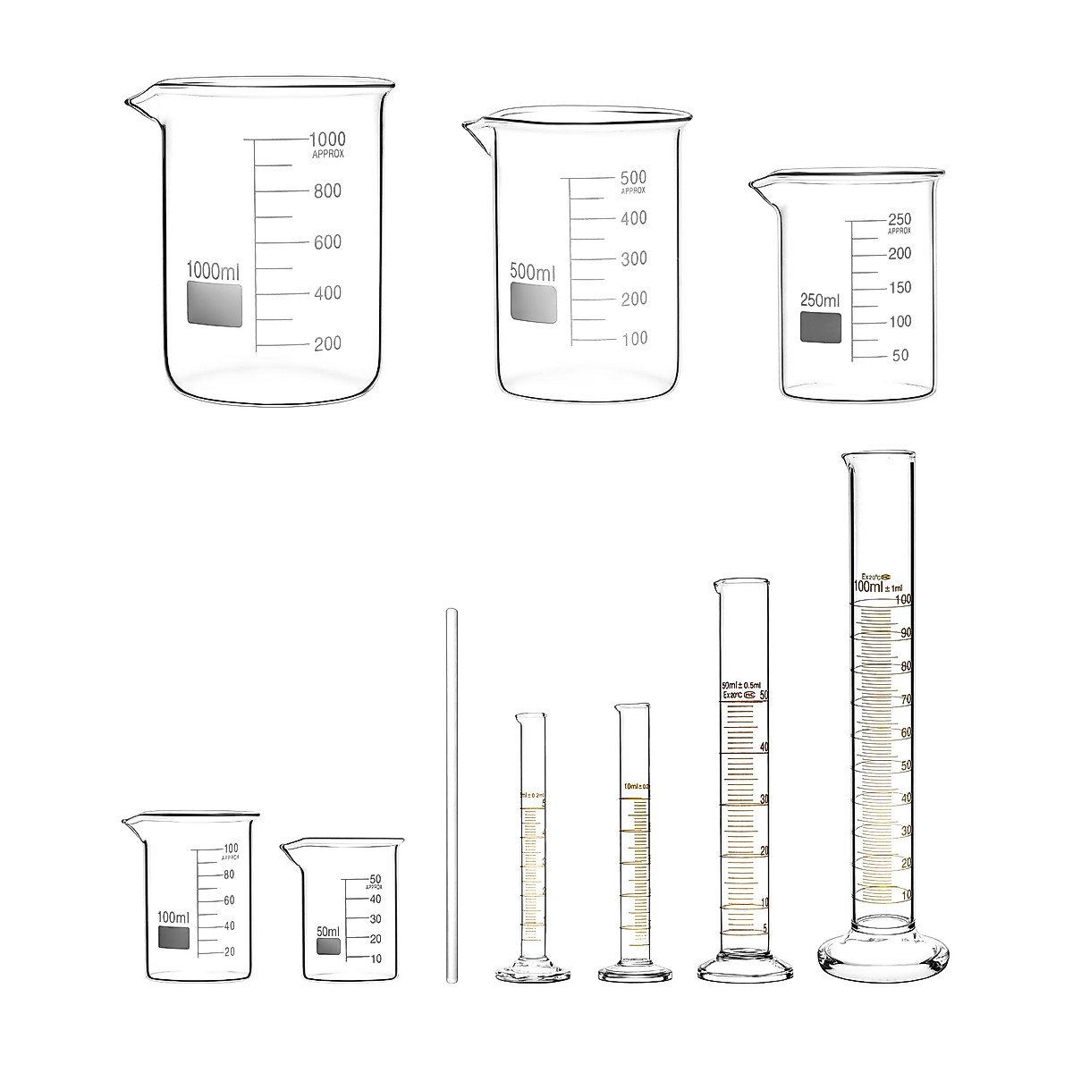 QWORK Thick Glass Measuring Beaker and Graduated Cylinder Set - Perfect for Science Labs, School Projects, and Home Labs, 50/100/ 250/500/ 1000 ml Beakers and 5/10/ 50/100 ml Cylinders