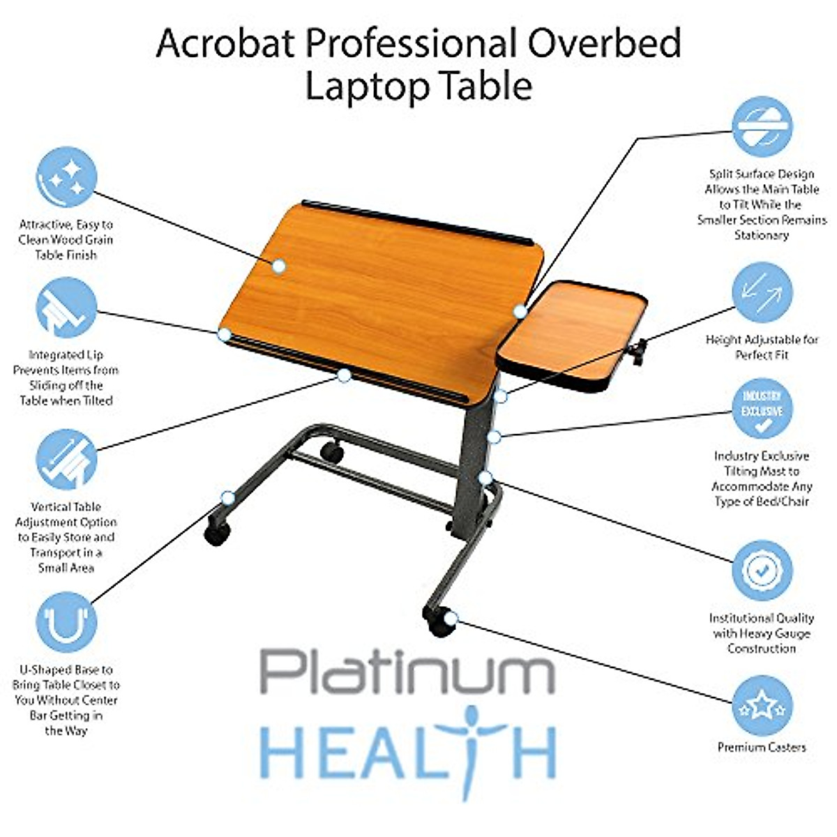Acrobat Professional Overbed/Laptop Table, Tilting, Height Adjustable with Casters. Split Top for Maximum Vesatility. Folds for Easy Storage. (White Birch)