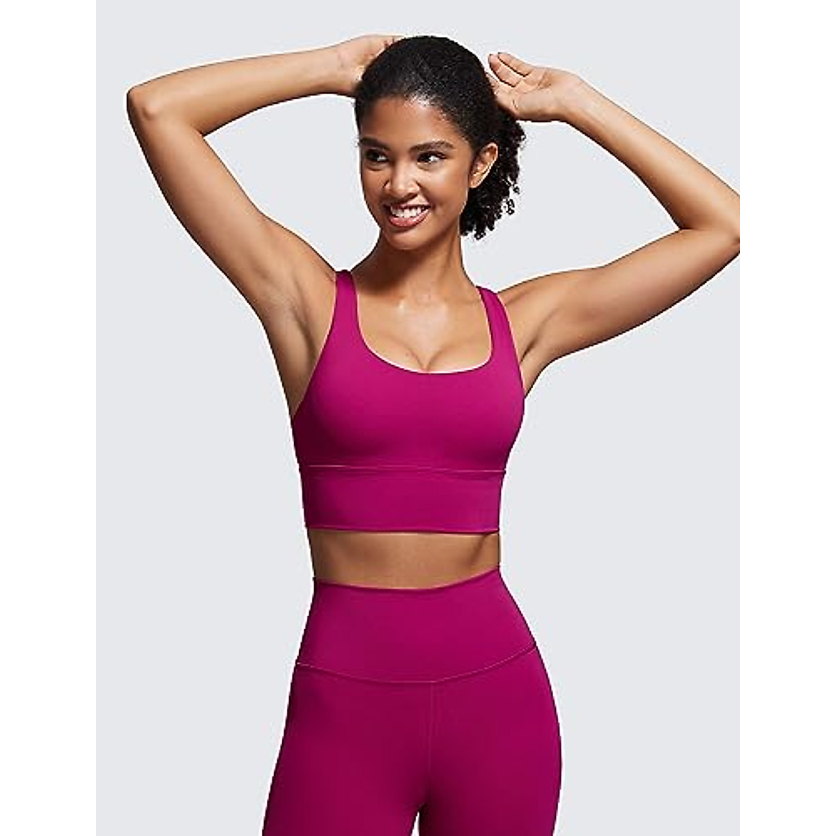 CRZ YOGA Womens Strappy Longline Sports Bra - Wirefree Criss Cross Padded Crop Tank Top Workout Yoga Bras Magenta Purple Small